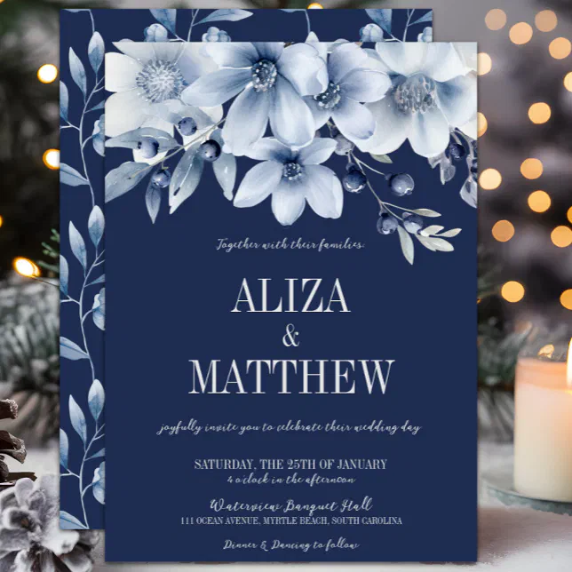 Elegant Navy & Light Blue Floral Wedding Invitation | Zazzle