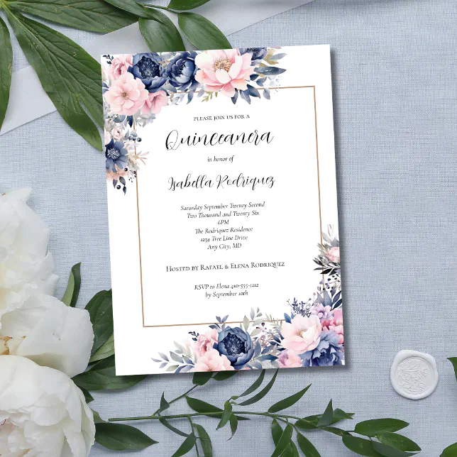 Elegant Navy Pink Floral Formal Quinceanera Invitation | Zazzle