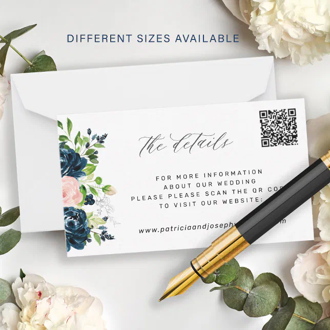 Elegant navy pink floral QR CODE wedding details Note Card | Zazzle