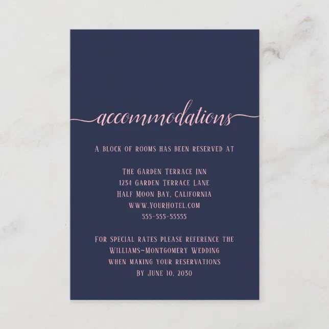 Elegant Navy Pink Script Wedding Accommodations Enclosure Card | Zazzle
