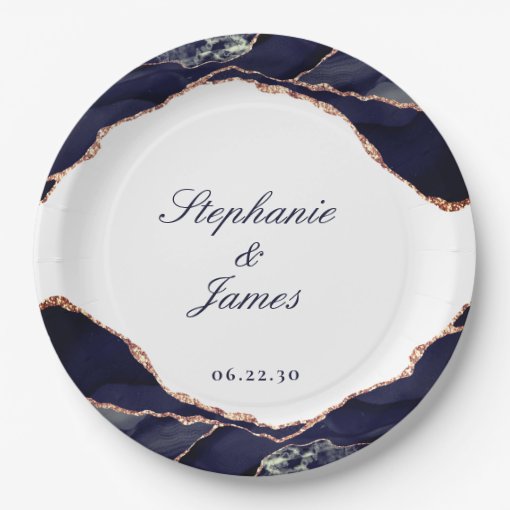 Elegant Navy Rose Gold Foil Agate Wedding Paper Plates | Zazzle