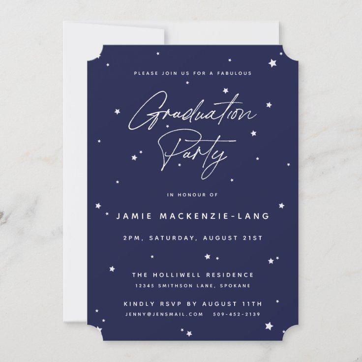 Elegant Navy Script and Stars Graduation Party Invitation | Zazzle