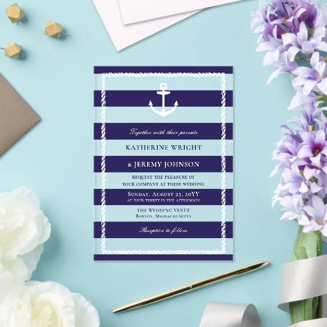 Elegant Navy Stripes Anchor Nautical Wedding Acrylic Invitations | Zazzle