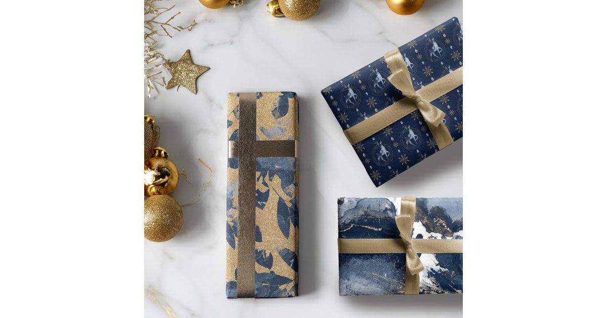 Elegant Navy Watercolor Ink & Golden Jewel Wrapping Paper Sheets | Zazzle