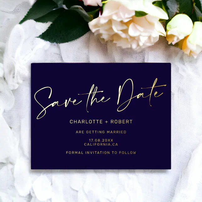Elegant navy wedding save the date script gold foil invitation postcard | Zazzle