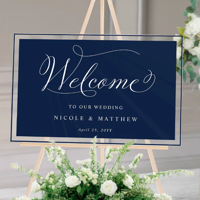 Elegant Navy Wedding Welcome Acrylic Sign | Zazzle