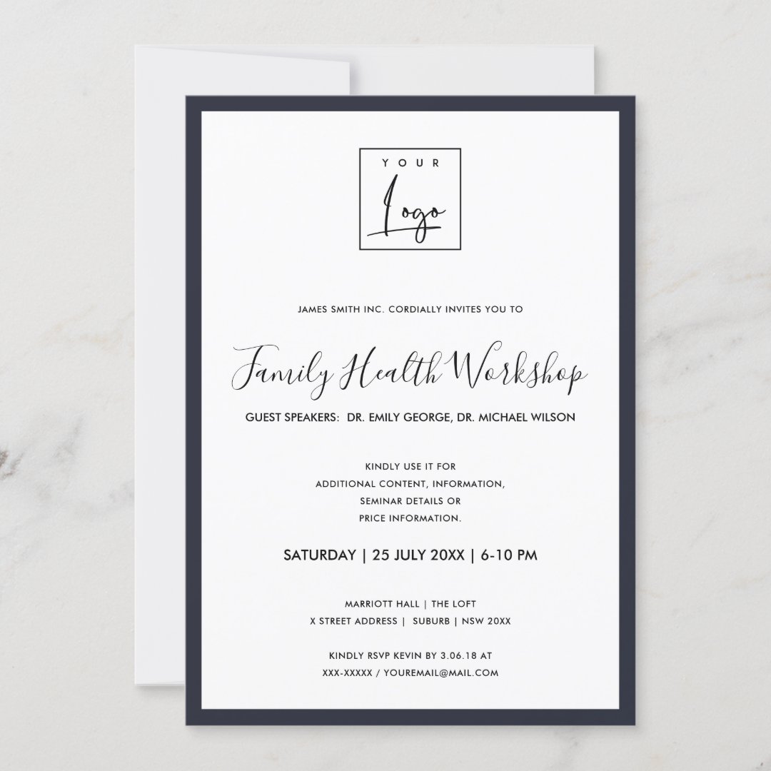 ELEGANT NAVY WHITE YOUR LOGO WORKSHOP EVENT DINNER INVITATION | Zazzle