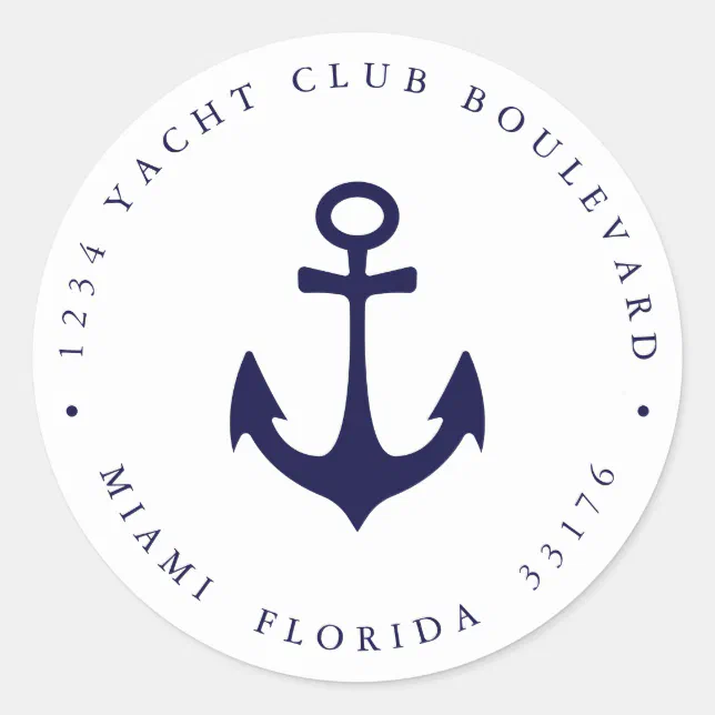 Elegant NAVY YACHT ANCHOR coastal Return address Classic Round Sticker ...