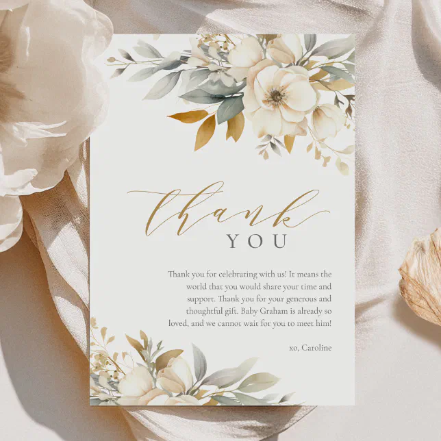 Elegant Neutral Baby In Bloom Baby Shower Thank You Card | Zazzle