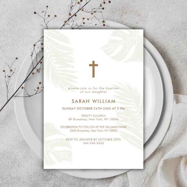 Elegant Neutral Boho Leaves Gold Cross Baptism Invitation | Zazzle