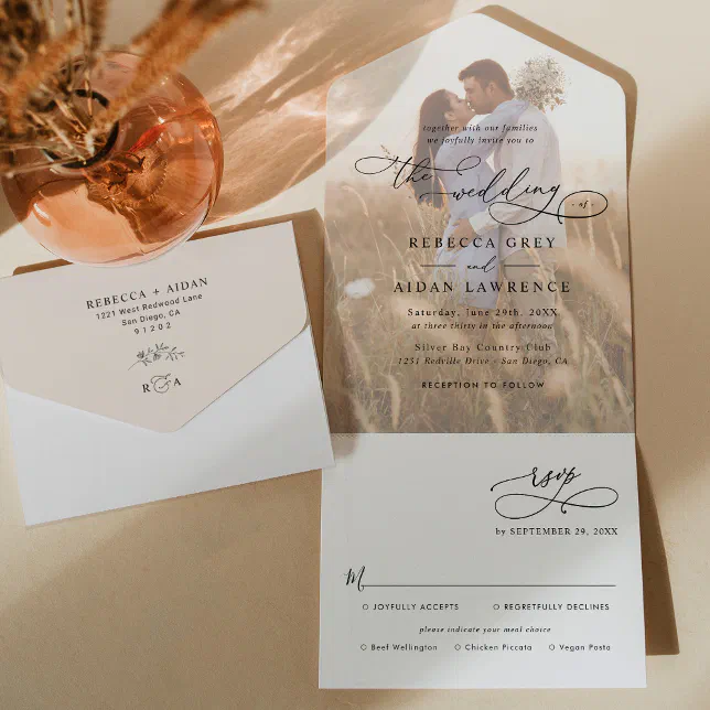 Elegant Neutral Boho Photo Wedding All In One Invitation | Zazzle