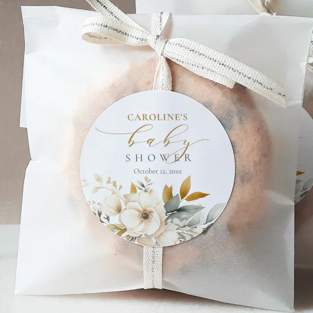 Elegant Neutral Floral Baby In Bloom Baby Shower Classic Round Sticker ...