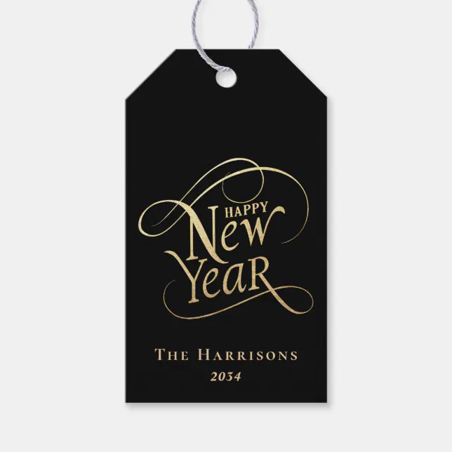 Elegant New Year Black Gold Gift Tags | Zazzle