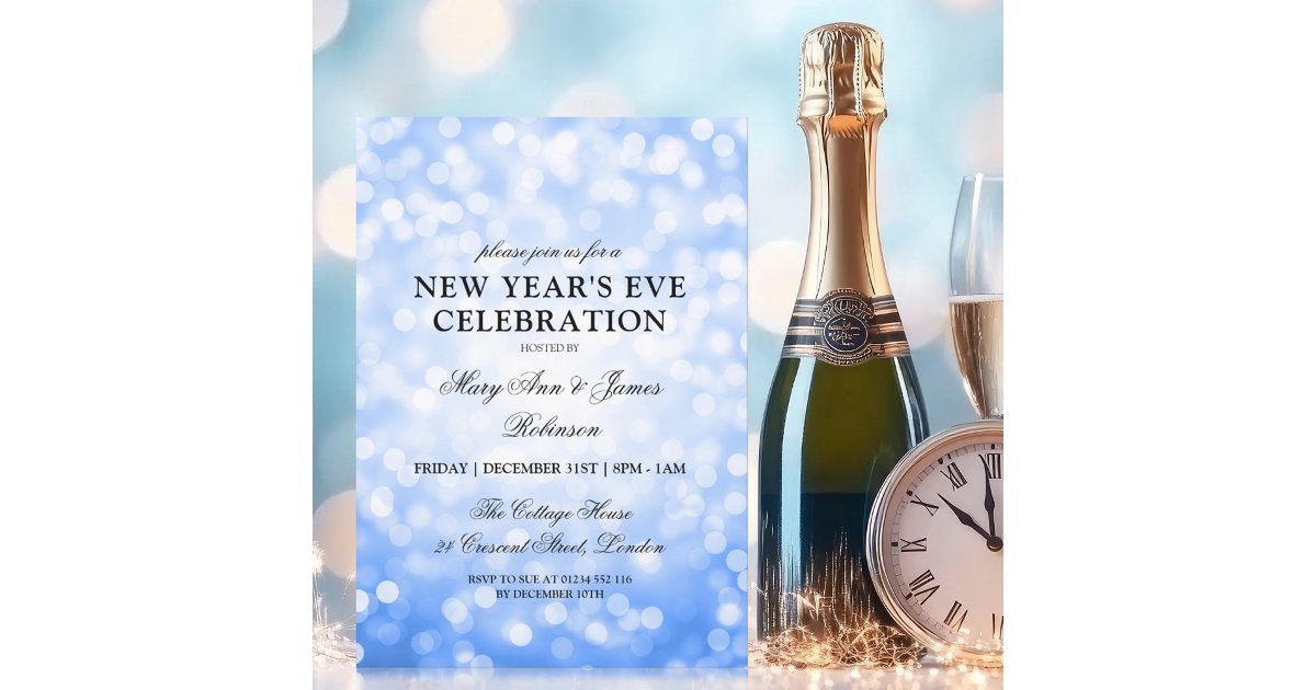 Elegant New Years Eve Navy Blue Bokeh Lights Invitation | Zazzle