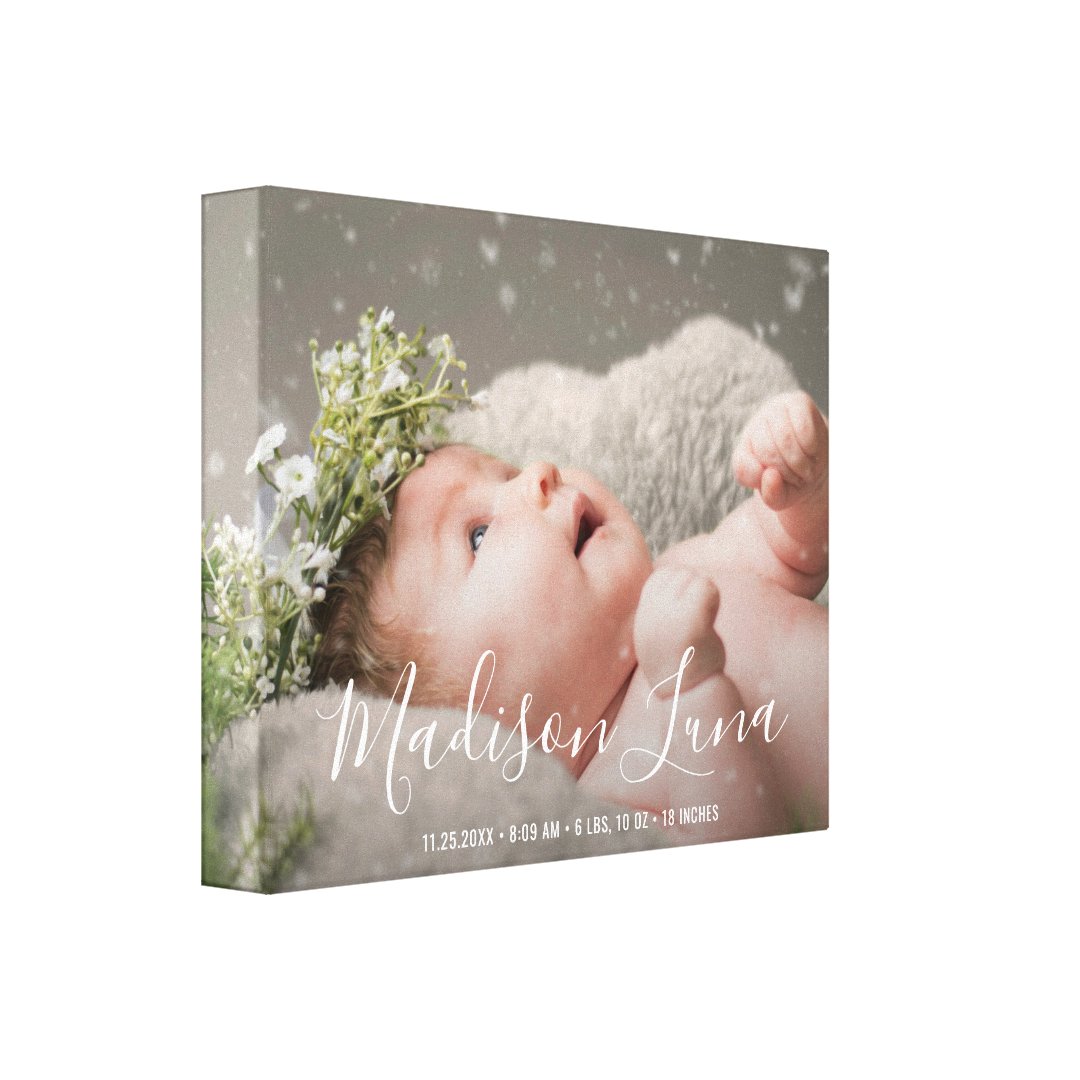 Elegant Newborn Baby Girl Nursery Birth Photo Canvas Print | Zazzle