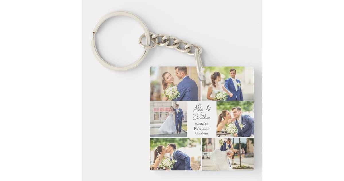 Elegant Newlywed Married Couple Photo Collage Keychain | Zazzle