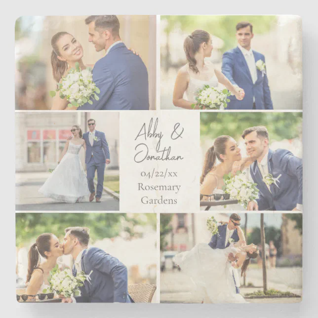 Elegant Newlywed Married Couple Photo Collage Stone Coaster | Zazzle
