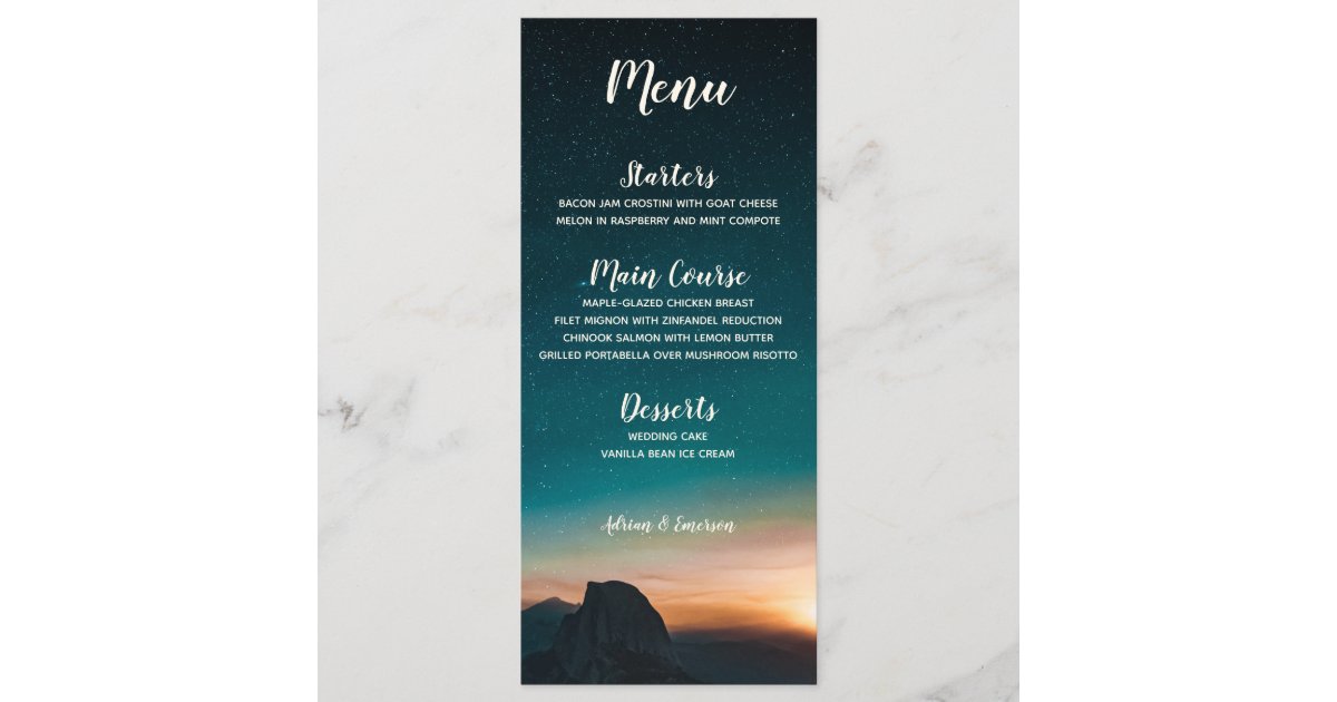 Elegant Night Sky Galaxy Mountain Stars Wedding Menu | Zazzle