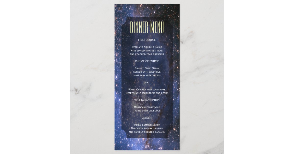 Elegant Night Sky / Space Theme Slim Dinner Menu | Zazzle