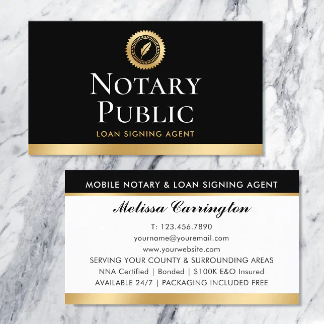 Elegant Notary Loan Signing Agent Gold Black Business Card | Zazzle