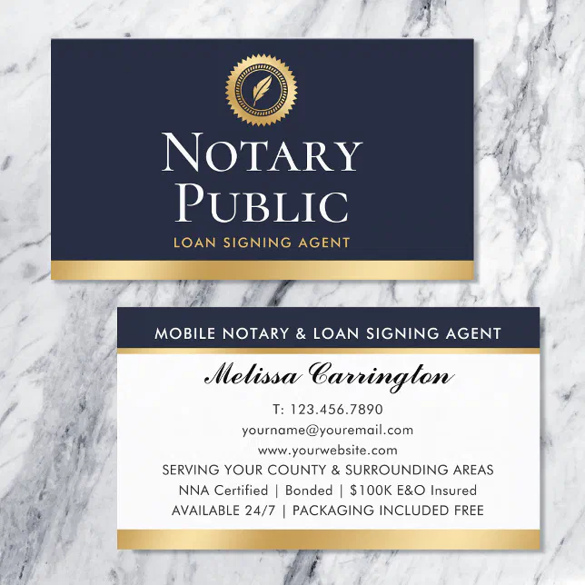 Elegant Notary Loan Signing Agent Gold Dark Blue Business Card | Zazzle