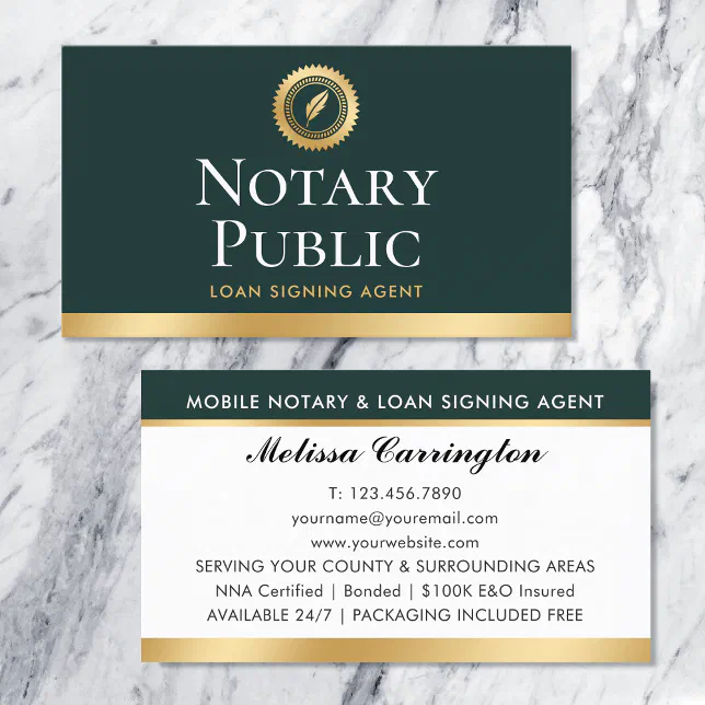 Elegant Notary Loan Signing Agent Gold Dark Green Business Card | Zazzle
