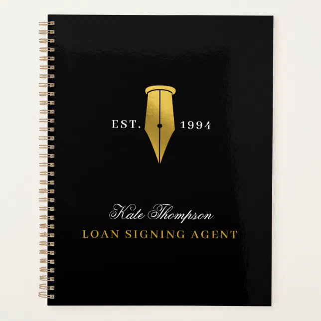 Elegant Notary Public Signing Agent Gold Logo Planner | Zazzle