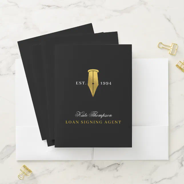 Elegant Notary Public Signing Agent Gold Logo Pocket Folder | Zazzle