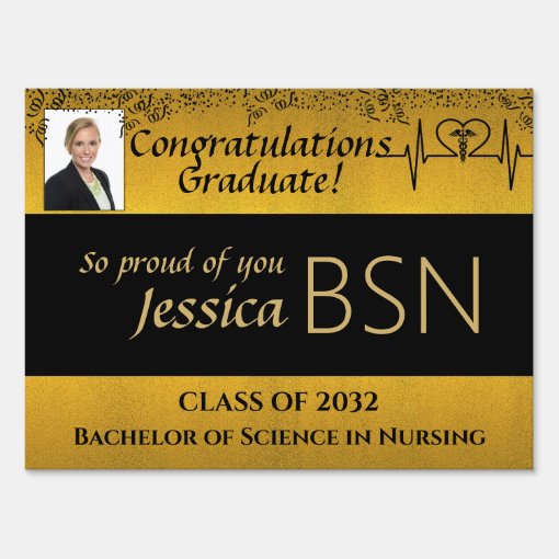 Elegant NURSE Graduation BSN Black Gold Photo Yard Sign | Zazzle