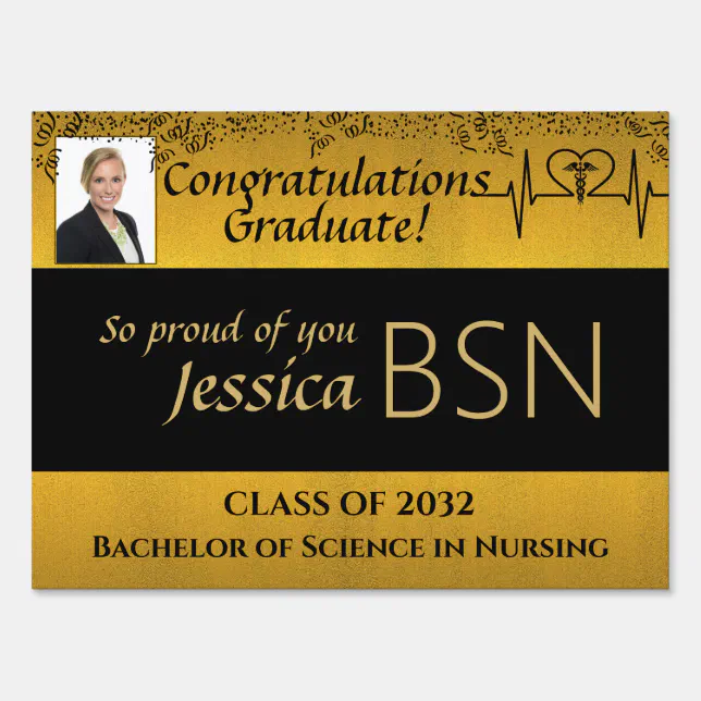 Elegant NURSE Graduation BSN Black Gold Photo Yard Sign | Zazzle