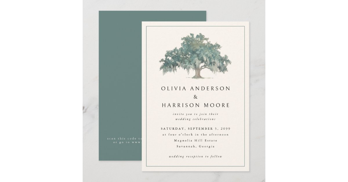 Elegant Oak Tree Green QR Code Southern Wedding Invitation | Zazzle