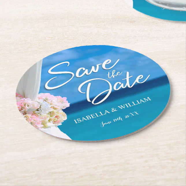 Elegant Ocean Beach Summer Save the Date Round Paper Coaster | Zazzle