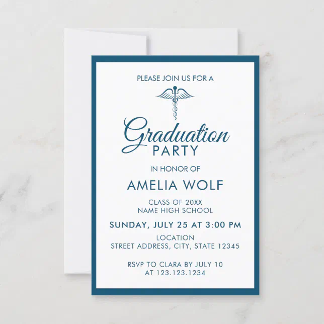 Elegant Ocean Blue Caduceus Pharmacist Graduation Invitation | Zazzle