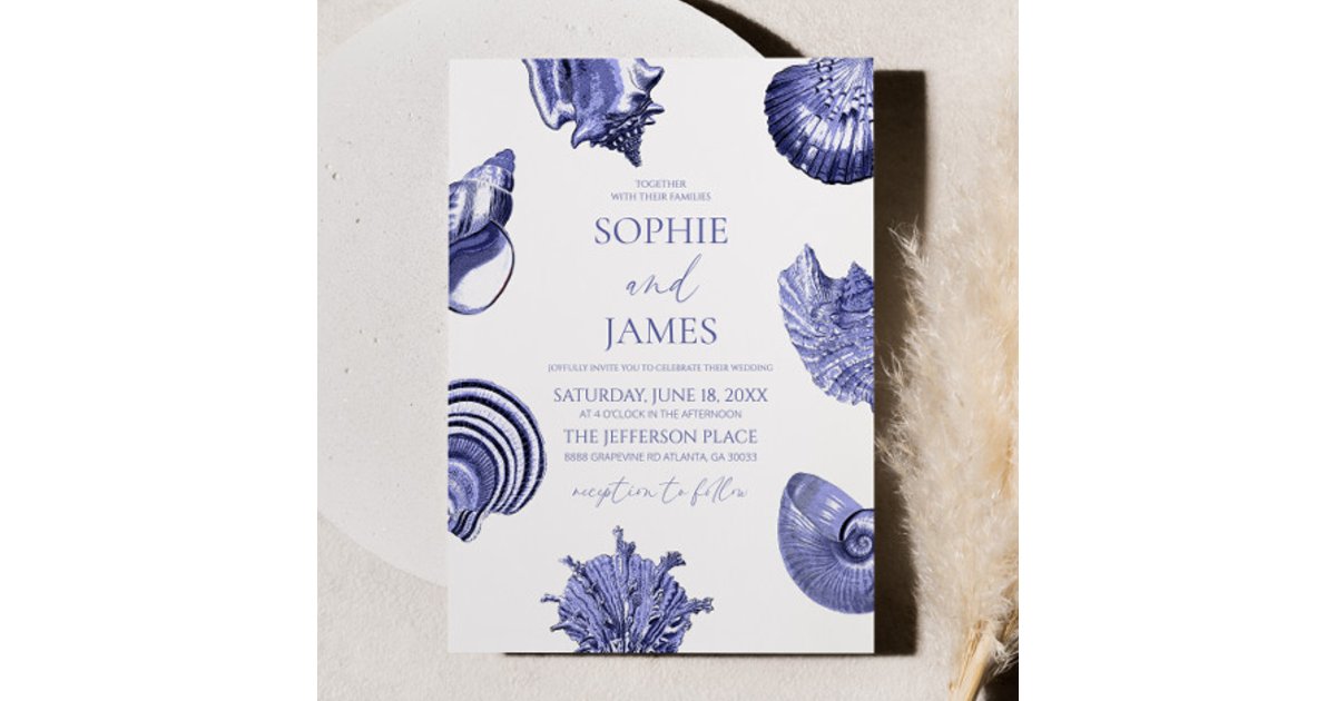 Elegant Ocean Blue Seashells Wedding Invitation | Zazzle
