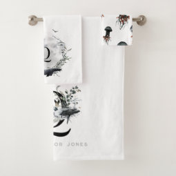 Elegant Ocean | Watercolor Whale Monogram Bath Towel Set | Zazzle