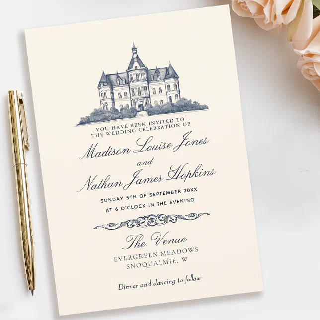 Elegant Old Chateau Manor Wedding Invitation | Zazzle