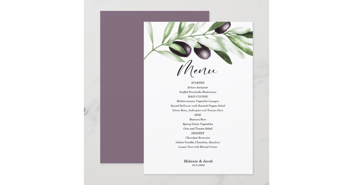 Elegant Olive Branch Flat Menu Card | Zazzle