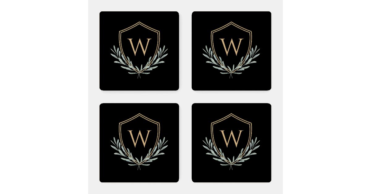 Elegant Olive Branch Shield with Monogram Initial Coaster Set | Zazzle