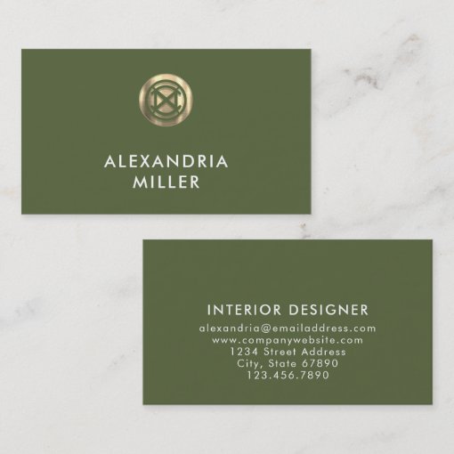 Elegant Olive Green Business Card with Gold Emblem | Zazzle