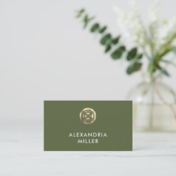 Elegant Olive Green Business Card with Gold Emblem | Zazzle