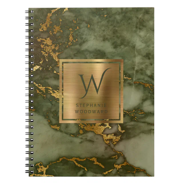 Elegant Olive Green Gold Marble Monogram Notebook | Zazzle