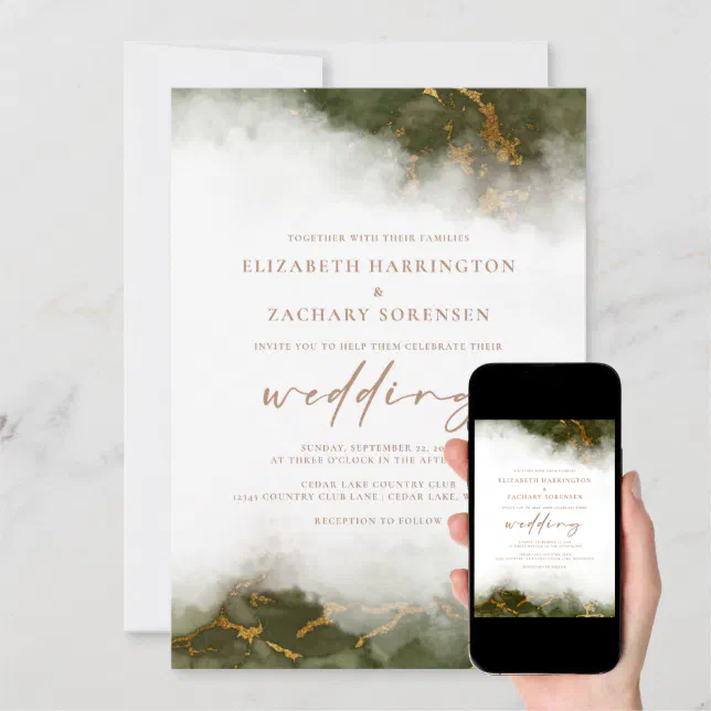Elegant Olive Green Gold Marble Wedding Invitation | Zazzle