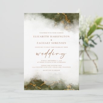 Elegant Olive Green Gold Marble Wedding Invitation | Zazzle
