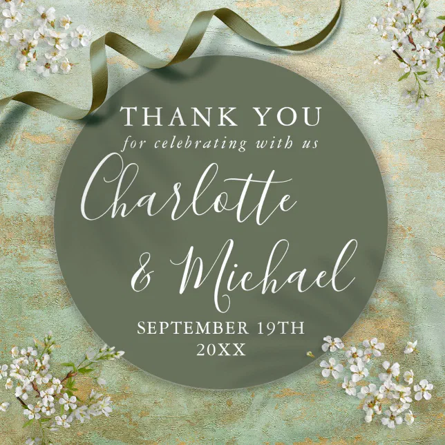 Elegant Olive Green Signature Script Thank You Classic Round Sticker ...