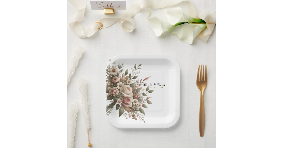 Elegant Olive Green & White Floral Corner Wedding Paper Plates | Zazzle