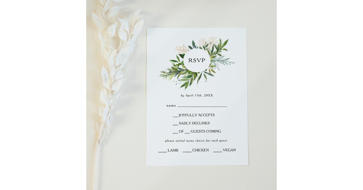 Elegant Olive Greenery Menu Choice RSVP Card | Zazzle