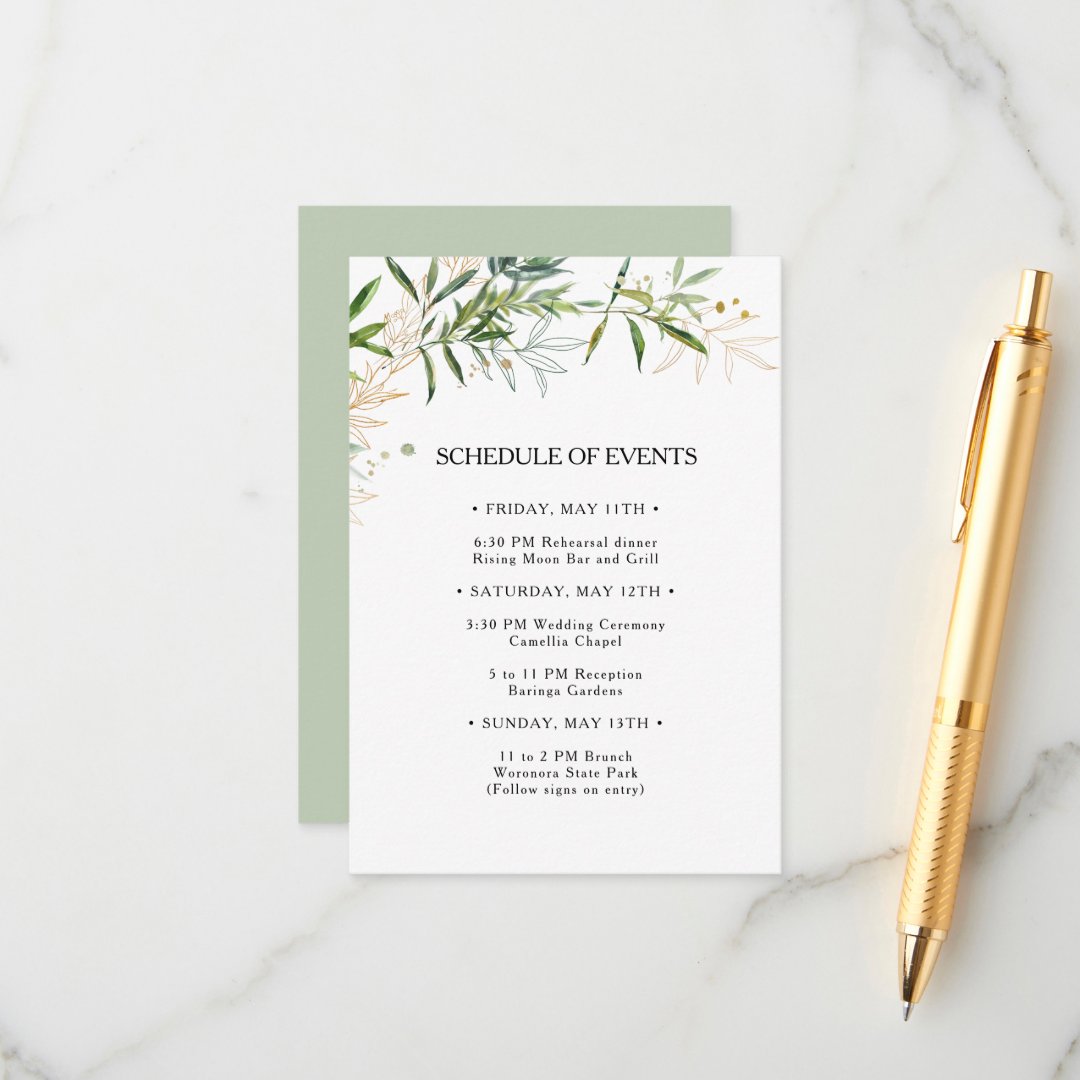 Elegant Olive Greenery Wedding Schedule of Events Enclosure Card | Zazzle