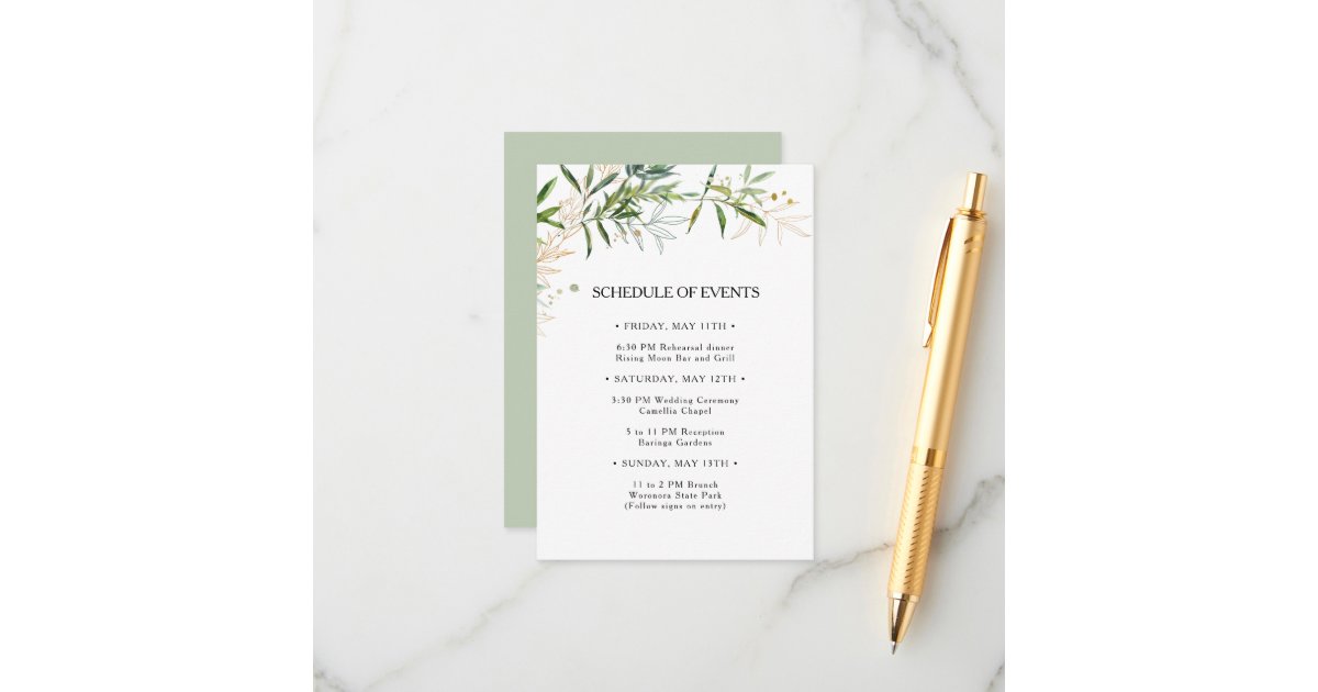 Elegant Olive Greenery Wedding Schedule of Events Enclosure Card | Zazzle