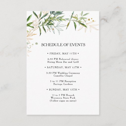 Elegant Olive Greenery Wedding Schedule of Events Enclosure Card | Zazzle