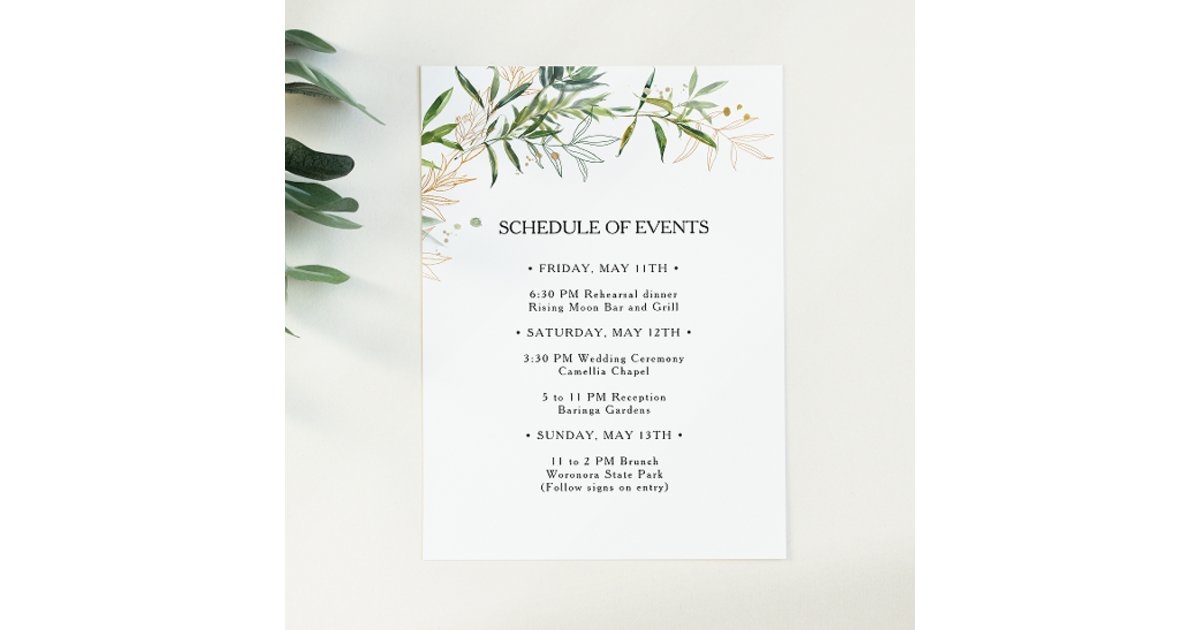 Elegant Olive Greenery Wedding Schedule of Events Enclosure Card | Zazzle